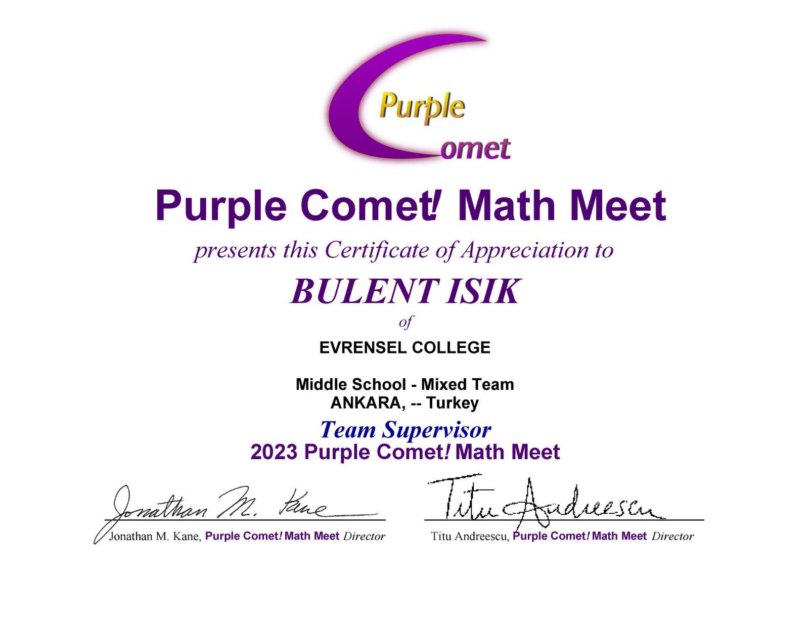 EVRENSEL KOLEJ AMERİKA Purple Comet Math Meet de EVRENSEL KOLEJ TÜR...