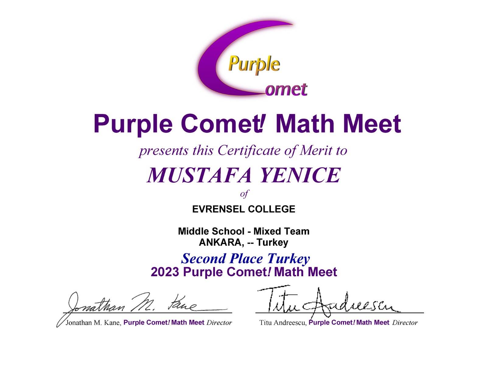 EVRENSEL KOLEJ AMERİKA Purple Comet Math Meet de EVRENSEL KOLEJ TÜR...