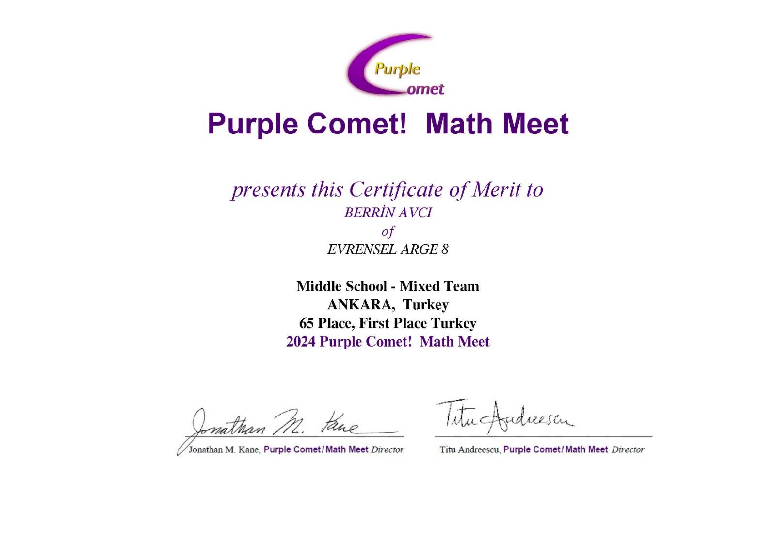 EVRENSEL KOLEJ AMERİKA Purple Comet Math Meetde TÜRKİYE BİRİNCİSİ o...